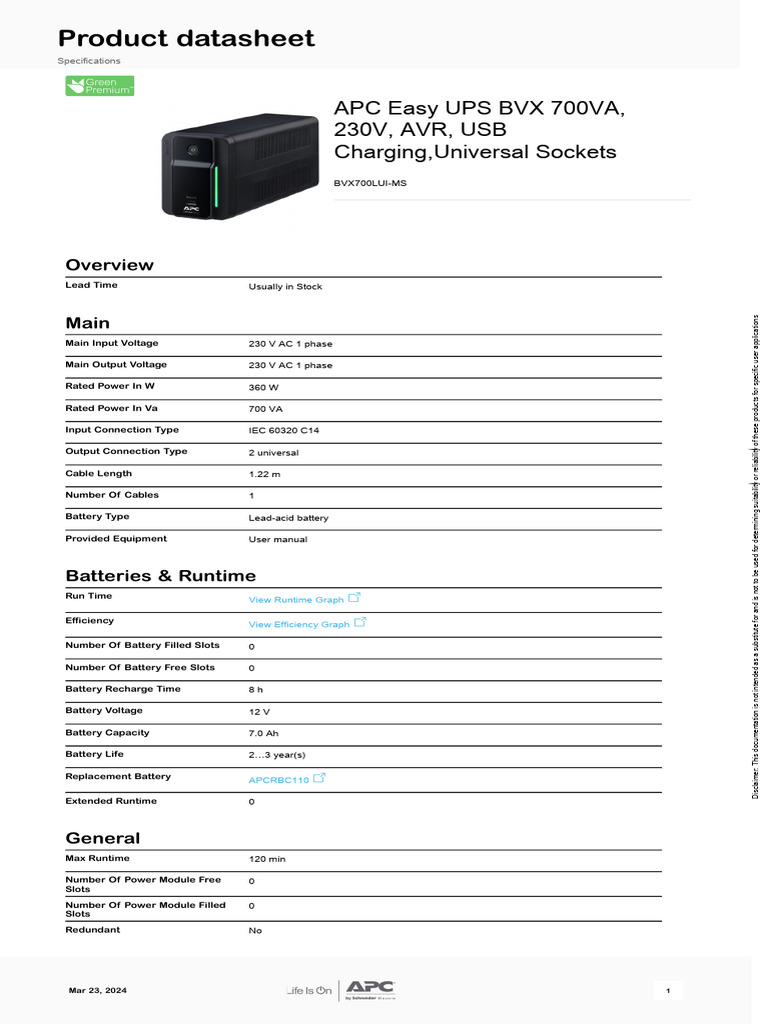 APC BVX700LUI-MS UPS Specifications | PDF | Manufactured Goods ...