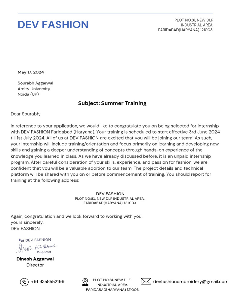 Internship Offer Letter Sourabh Aggarwal | PDF
