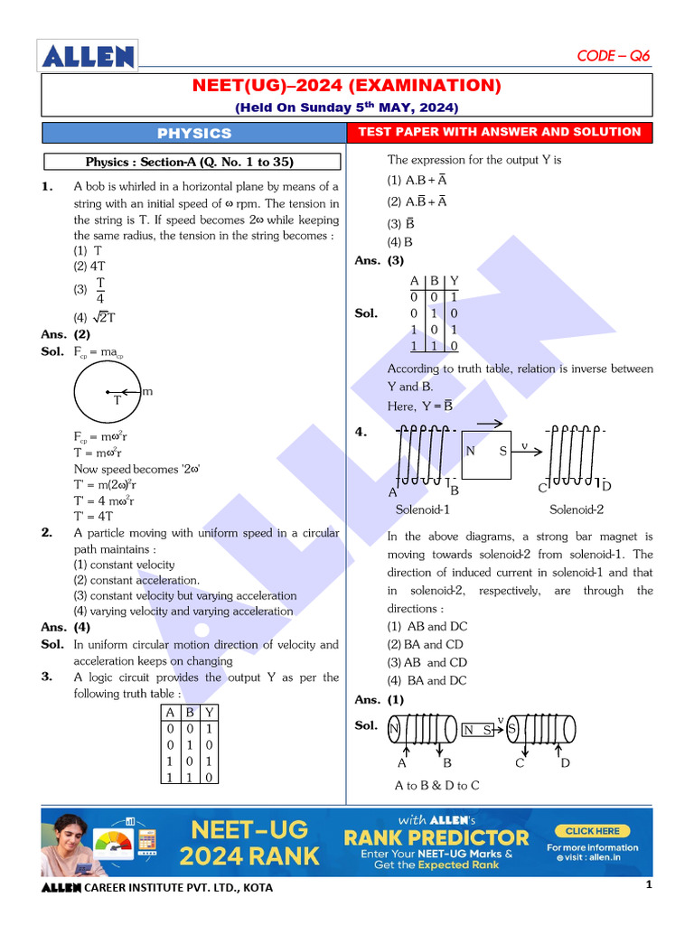 NEET 2024 Physics Question Paper PDF | PDF | Physical Phenomena ...