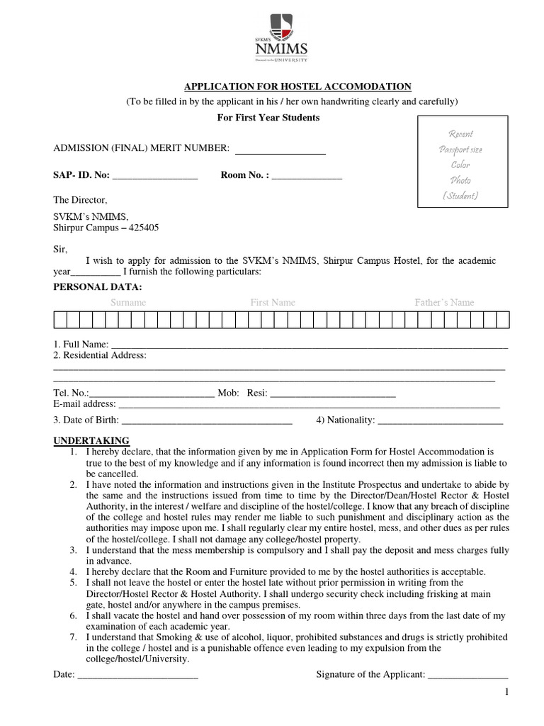 Hostel Application Form NMIMS ShirpurCampus | PDF | Affidavit | Meal