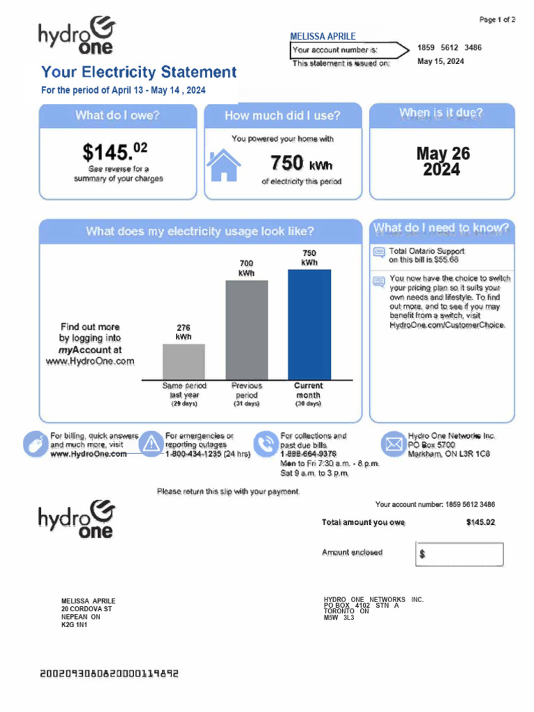 Hydro One Bill - Aprile | Download Free PDF | Power (Physics) | Electricity