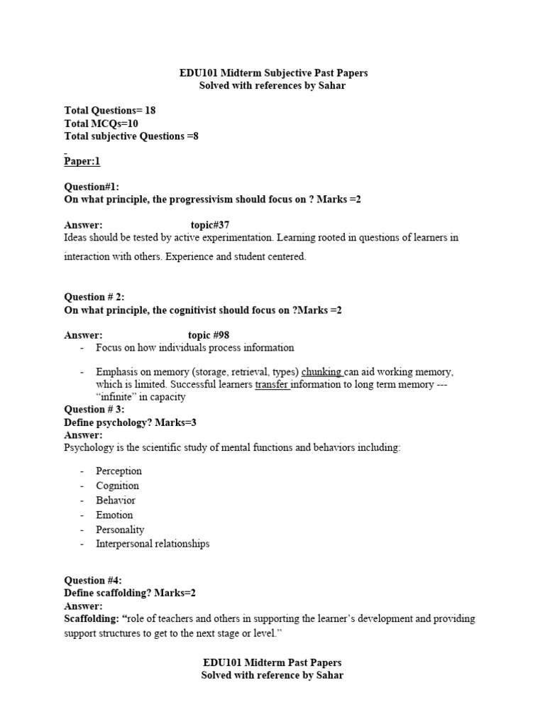 Edu 101 Midterm Past Subjective Papers Solvedwithreferncesby Sahar | PDF | Learning | Reinforcement