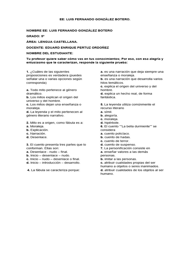 Evaluacion Final de Lengua Castellana | PDF | Té | Cuentos