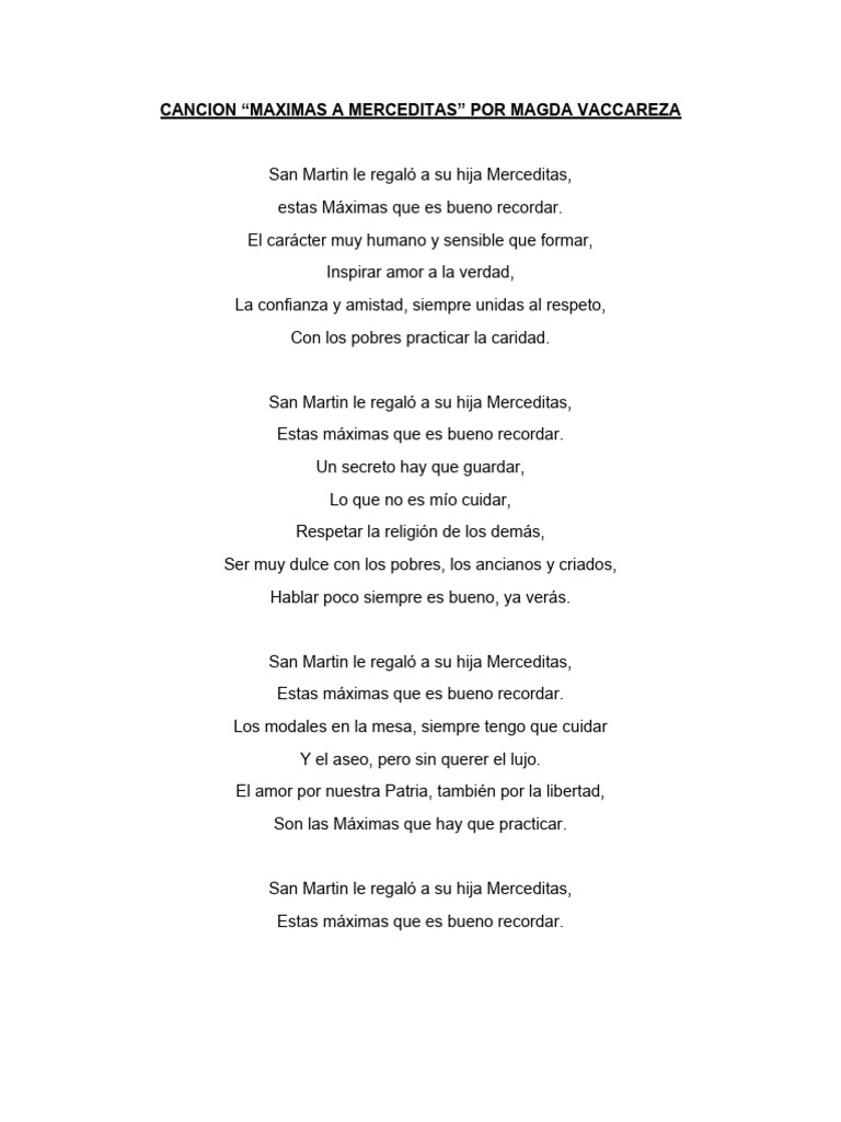 Letra de La Cancion Maximas A Merceditas | PDF