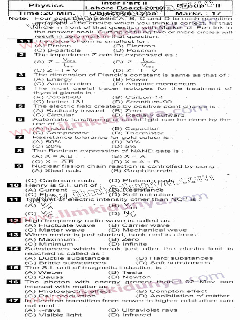 Past Papers Lahore Board 2018 Inter Part 2 Physics Group 2 English Medium Objective | PDF