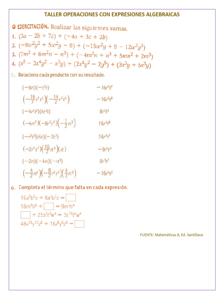 Taller Operaciones Con Expresiones Algebraicas | PDF