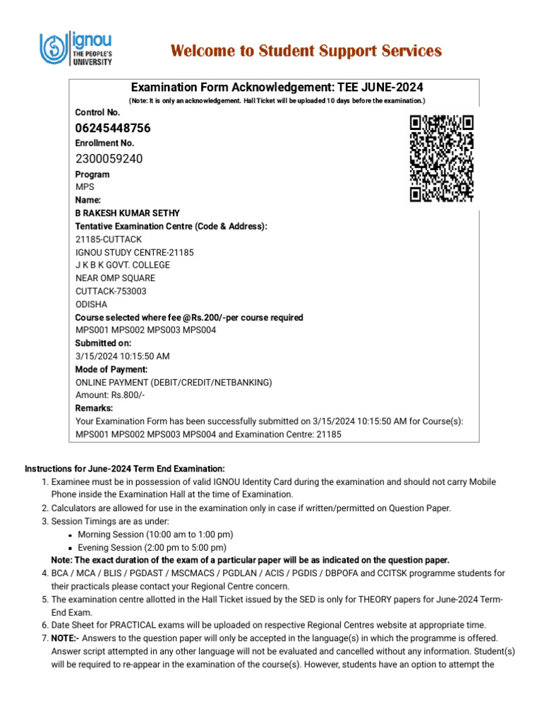 IGNOU - Examination Form Acknowledgement | PDF | Banking Technology ...