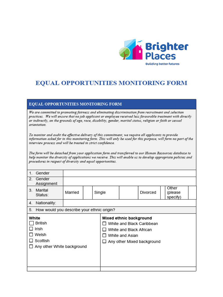 Equal Opportunities Monitoring Form 1 | PDF | Discrimination | Disability
