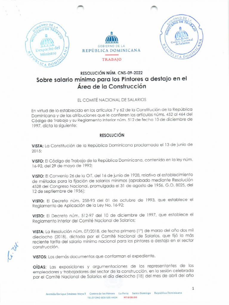 Resolución Cns-09-2022 Salario Mínimo Pintores A Destajo Contrucción | PDF