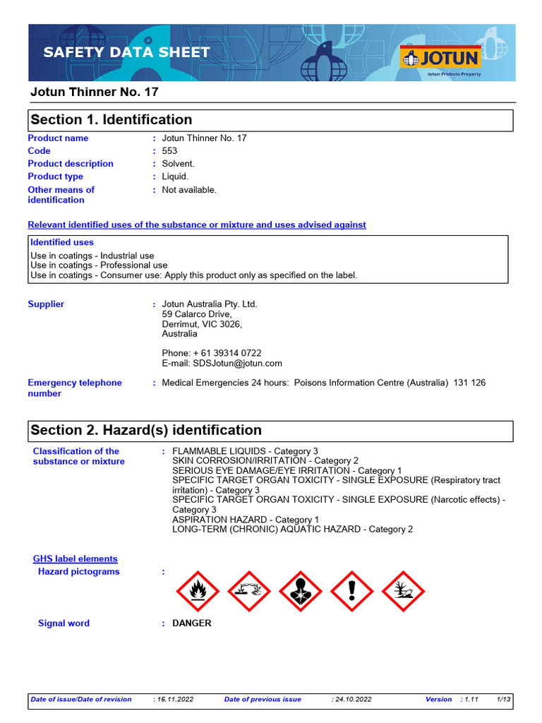 Sds - SDS 553 Jotun Thinner No. 17 Euk AU | PDF | Occupational Safety ...