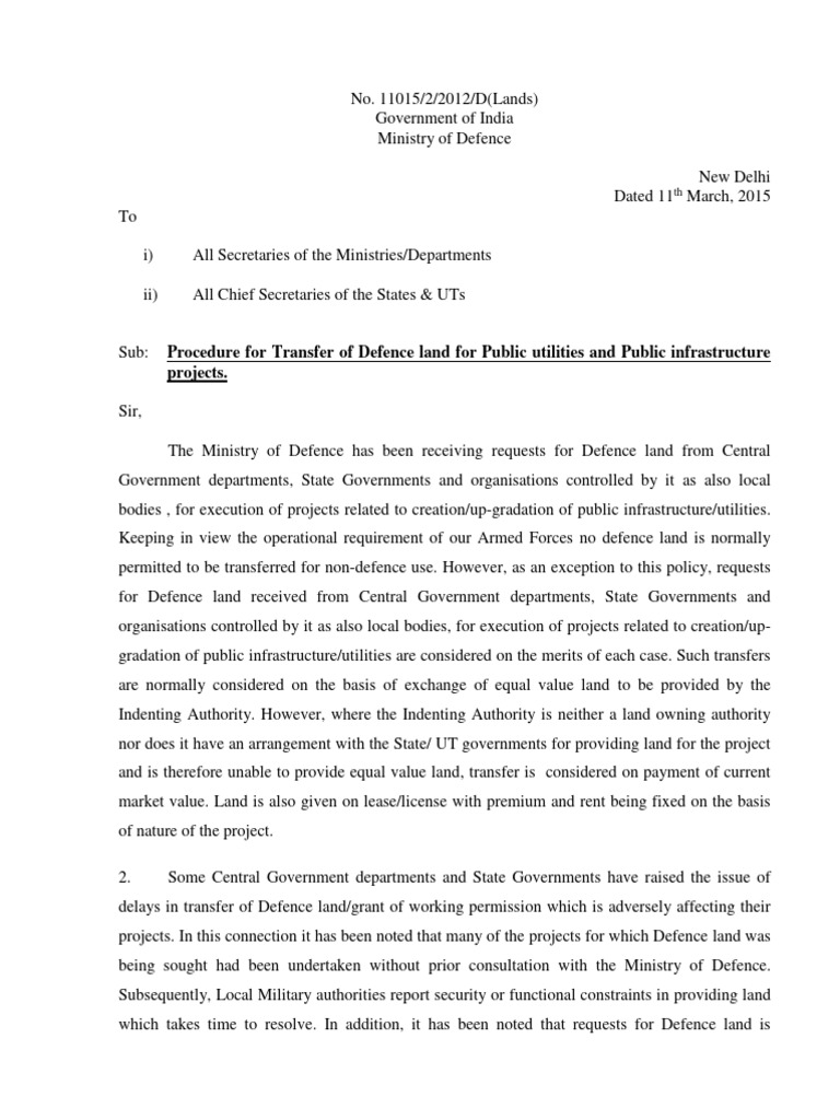 Defence Land Transfer Procedure Guide | PDF | Government Of India ...