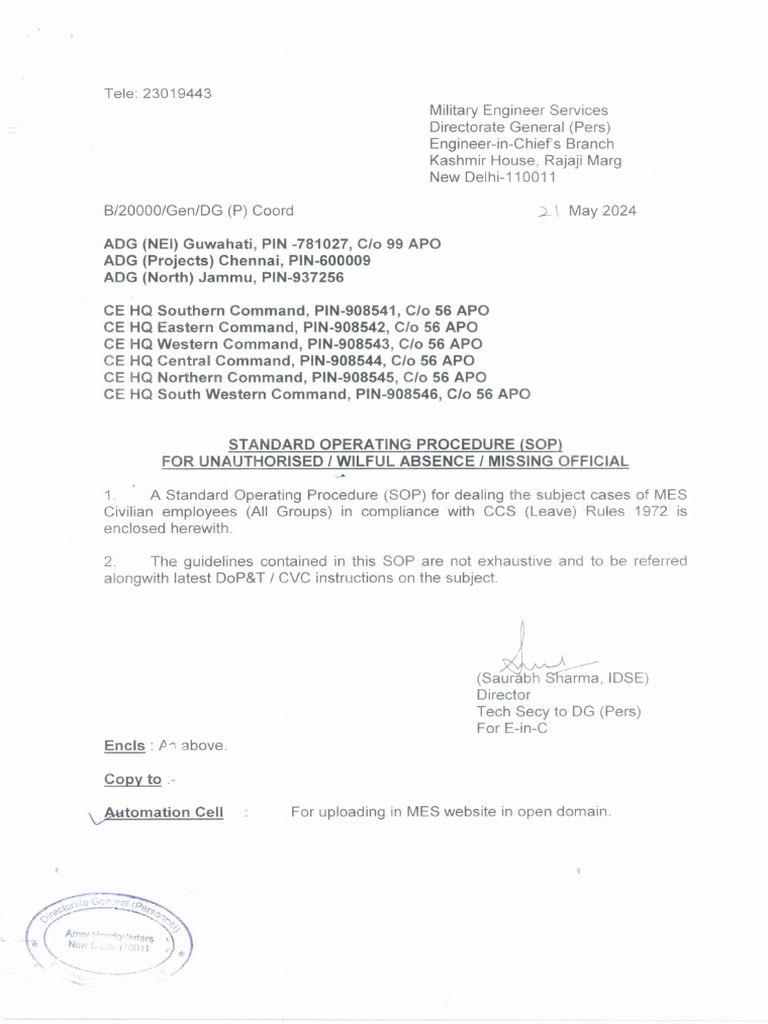 SoP Absence From Duty DT 21 May 2024 | PDF