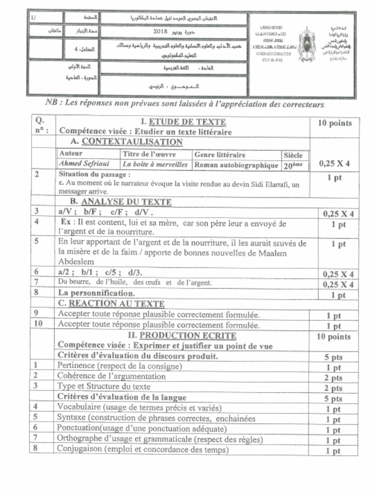 Corr Exam Regional Francais 1bac Rabat 2018 | PDF