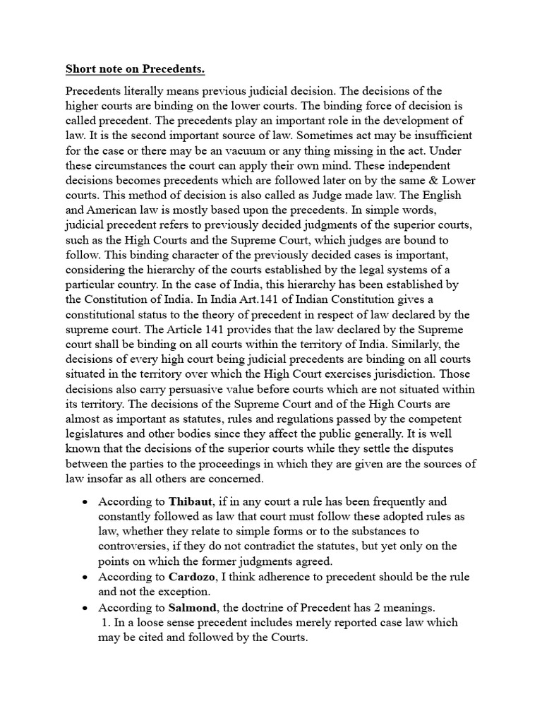Short Note On Precedents | PDF | Precedent | Supreme Courts