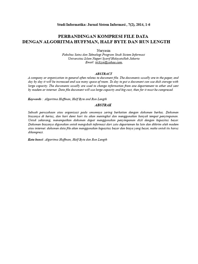 Perbandingan Kompresi File Data Dengan Algoritma Huffman, Half Byte Dan Run Length | PDF