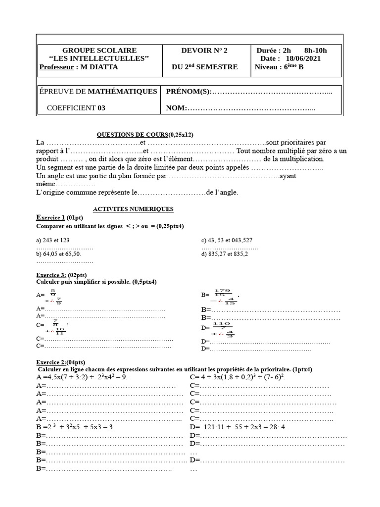 Devoir de Maths 6ème - Semestre 2 | PDF | Géométrie euclidienne | Géométrie