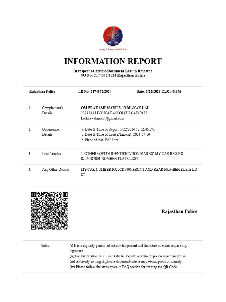 Information Report: in Respect of Article/Document Lost in Rajastha SO ...