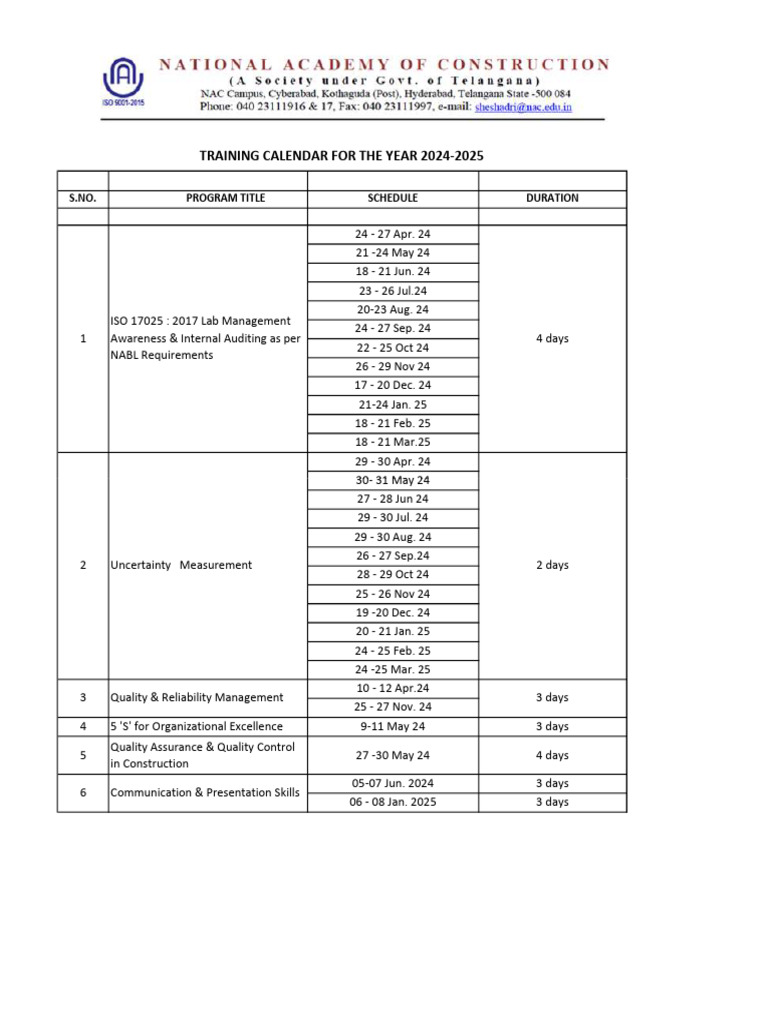 NAC Training Calendar 2024-2025 | PDF | Business