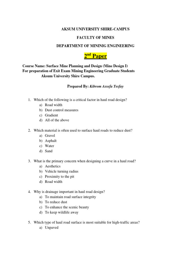 2nd Compiled Questions for Surface Mine Planning and Design for Preparation of Exit Exam | PDF ...