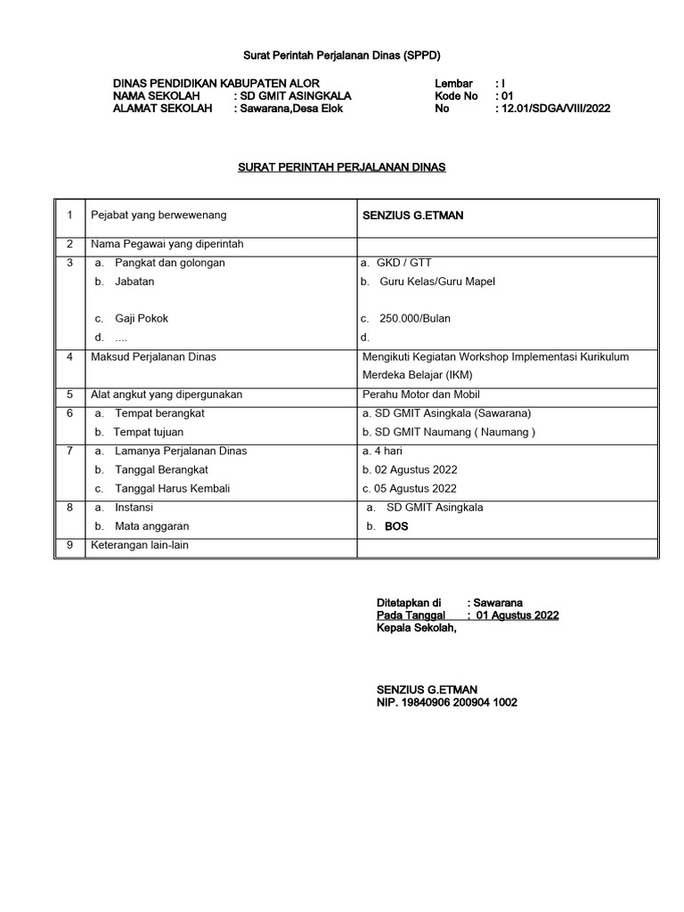 Format SPPD Surat Perintah Perjalanan Dinas Sekolah | PDF