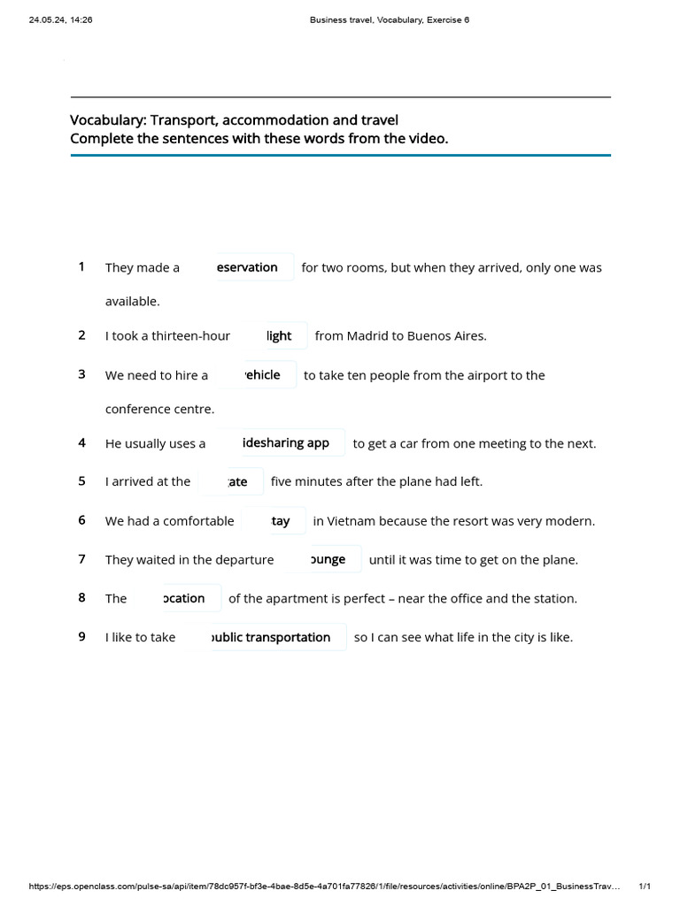 Business Travel Vocabulary Exercise | PDF