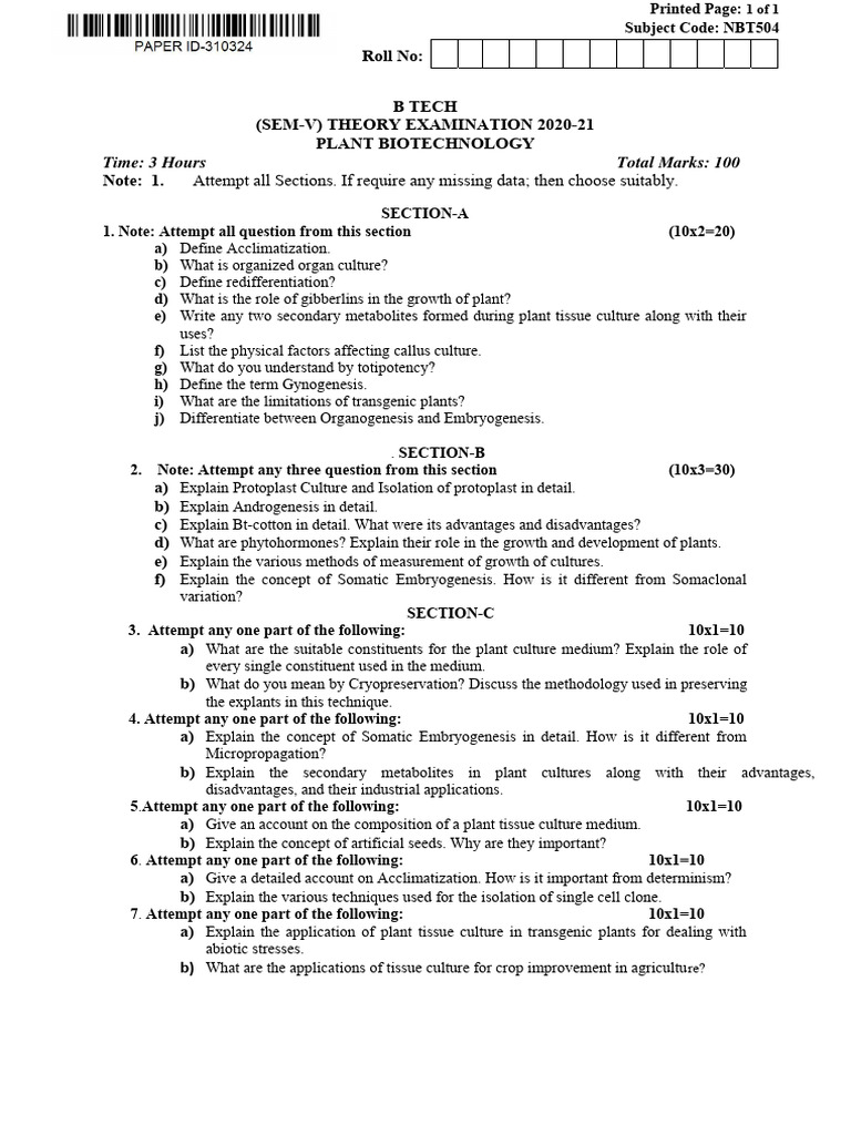 NBT504 Plant Biotechnology Exam Guide | PDF | Life Sciences | Reproduction