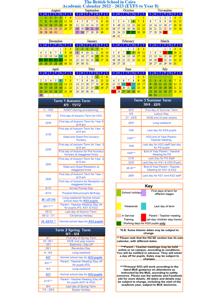 British School Cairo Academic Calendar 2022-23 | PDF | Entertainment ...