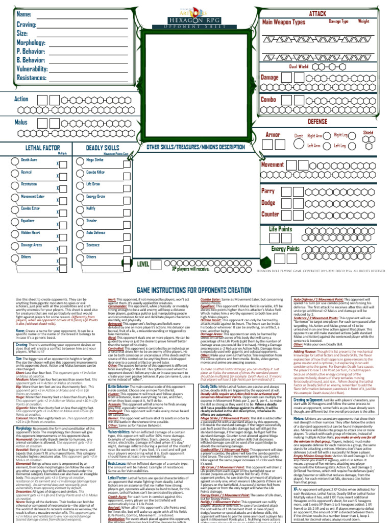 Opponent Sheet - HEXAGON RPG | PDF