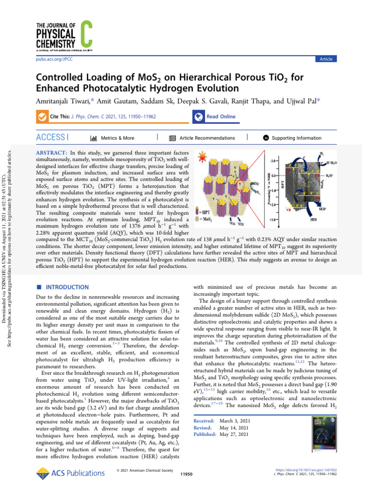 MoS2-TiO2 Photocatalyst for Hydrogen Production | PDF | X Ray ...