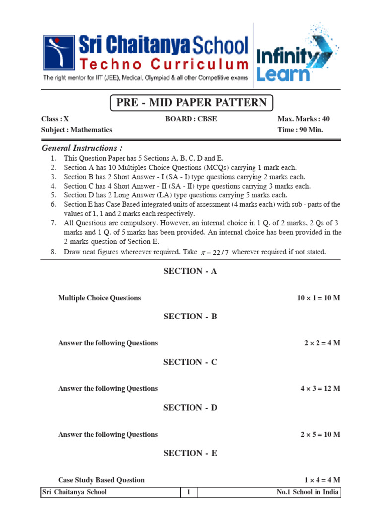 Cbse Maths X Pre - Mid Paper Pattern | PDF