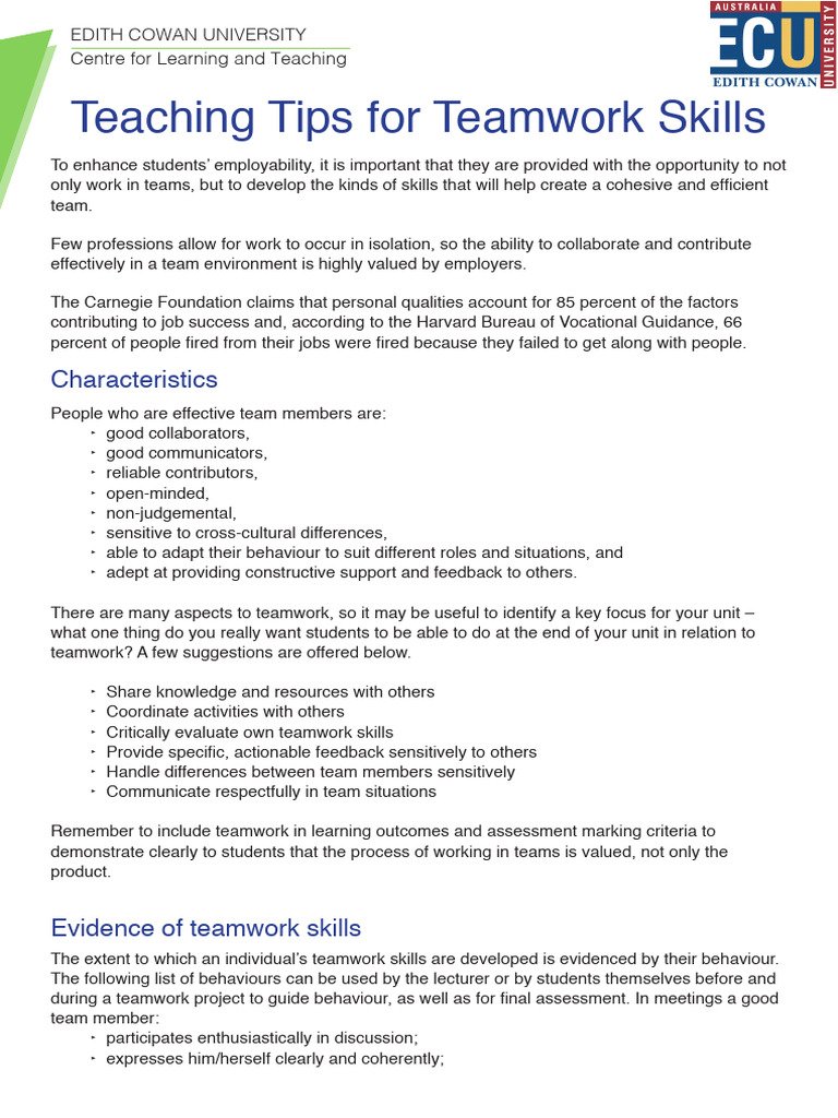 teaching-tips-for-teamwork-skills | PDF | Communication | Human ...