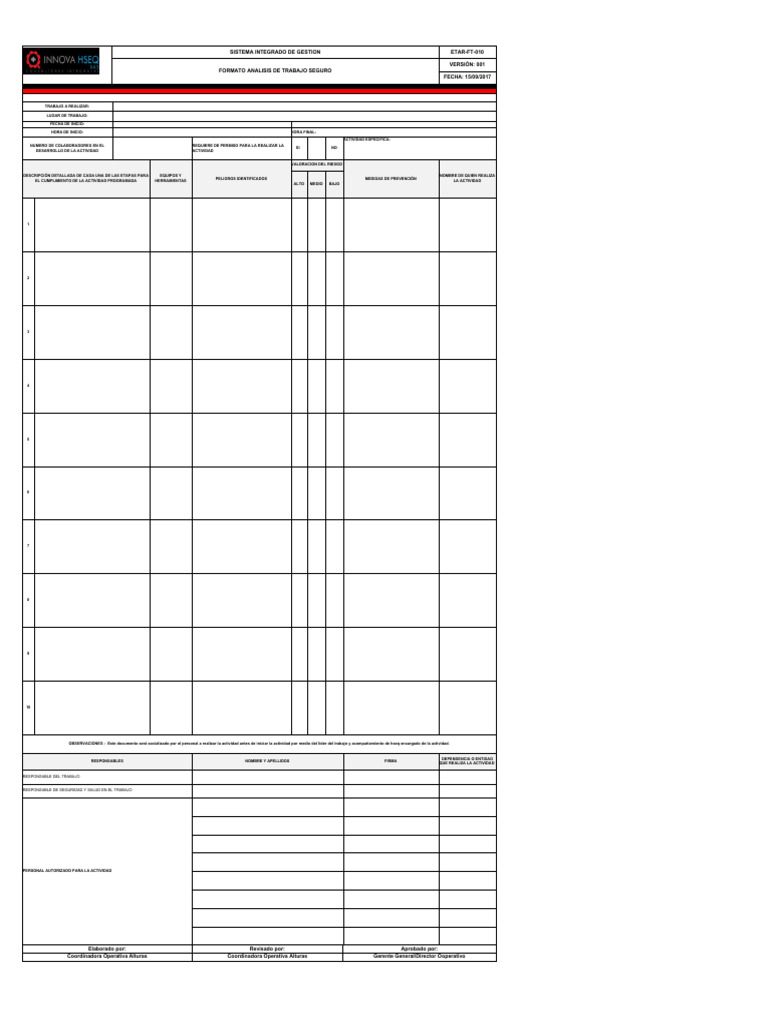 Etar-Ft-010 Formato Analisis de Trabajo Seguro | PDF