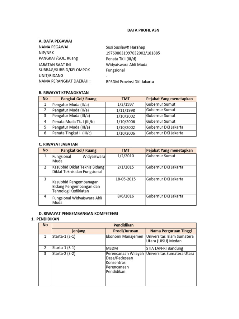 contoh pengisian profil ASN | PDF