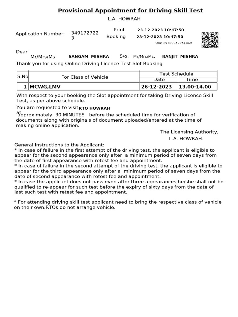 Driving Skill Test Appointment Details | PDF