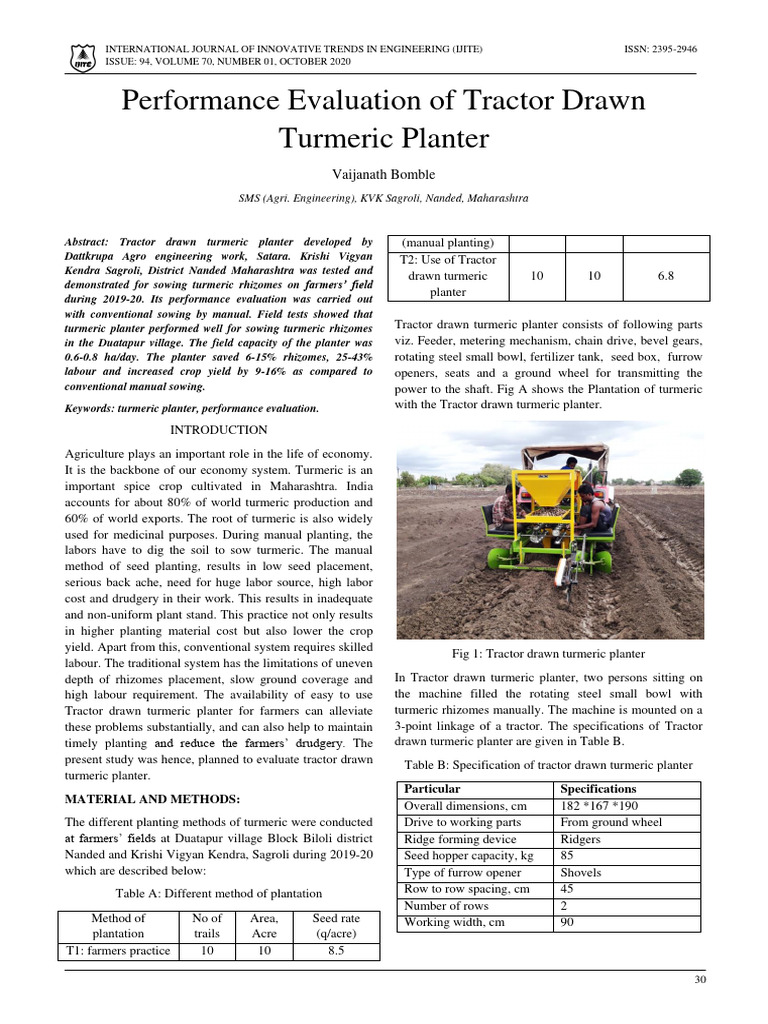 Performance Evaluation of Tractor Drawn Turmeric Planter: Vaijanath Bomble | Download Free PDF ...