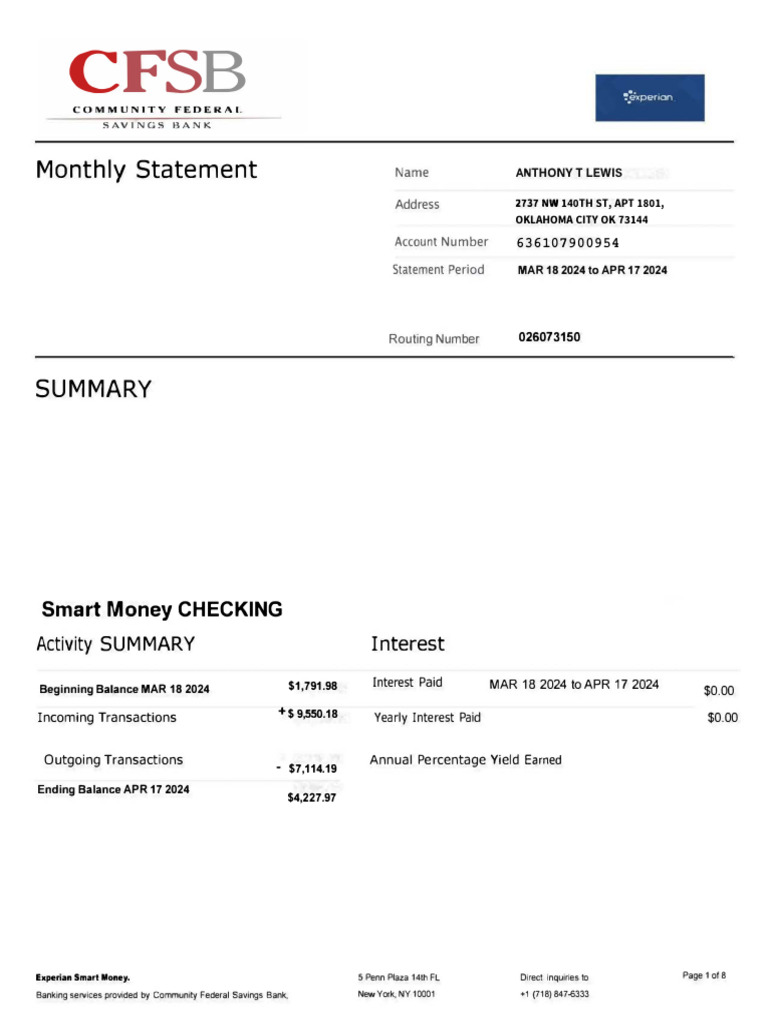 Anthony Lewis CFSB STMT Apr2024 | PDF | Automated Teller Machine | Banks