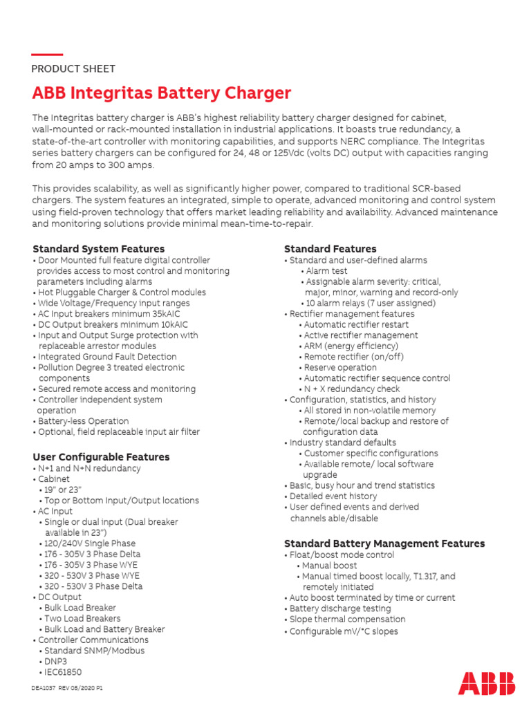 ABB Integritas Battery Charger Spec Sheet | PDF | Battery Charger ...