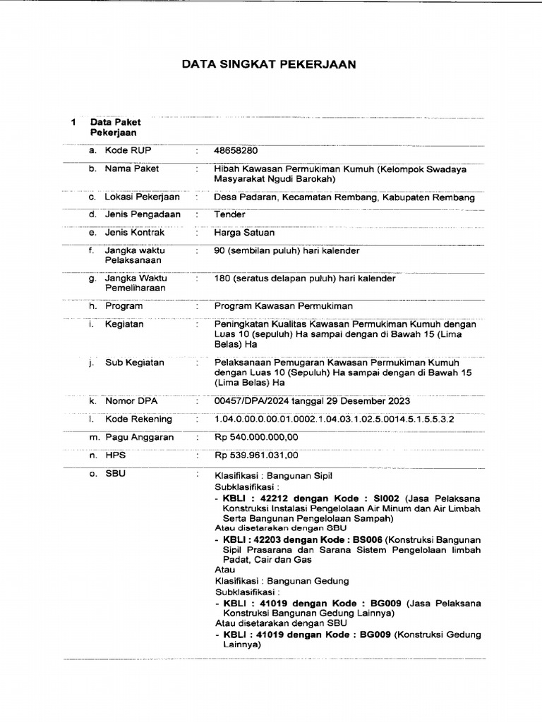 1 Data Singkat Pekerjaan Hibah Rembang afterreview | PDF 1 Data Singkat Pekerjaan Hibah Rembang afterreview | PDF