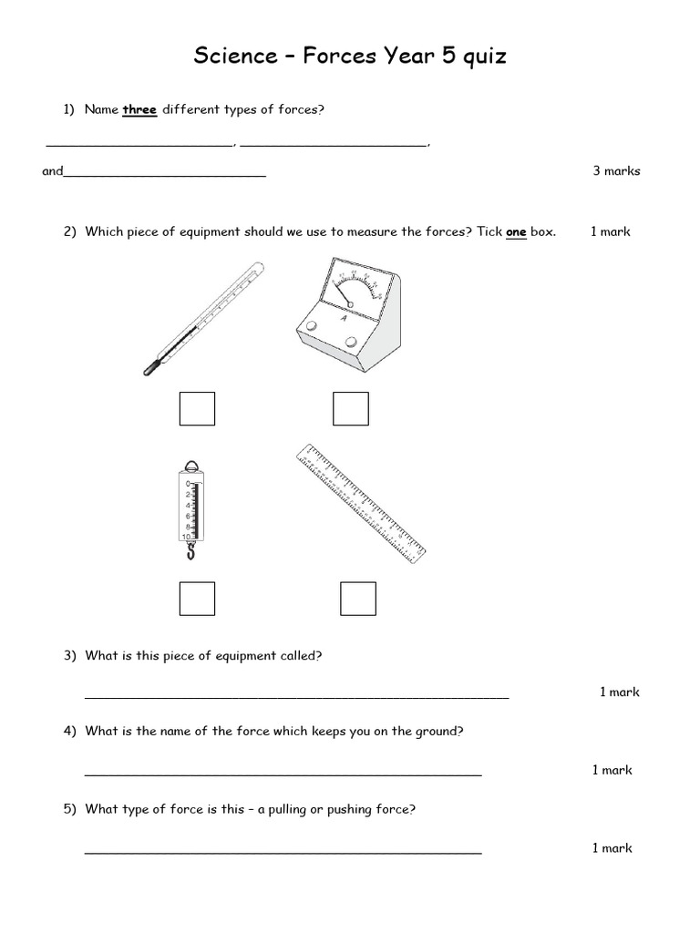 Forces Quiz Pre Assessment 1 | PDF | Force | Weight