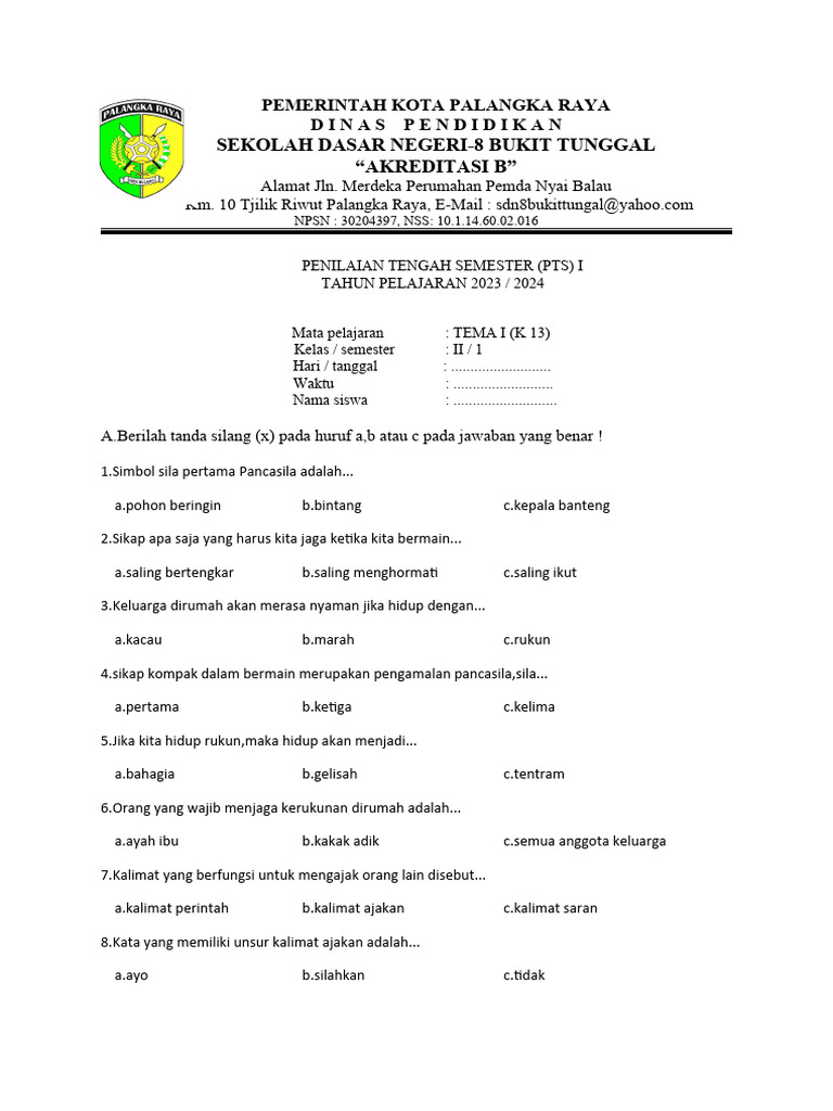 Soal PTS Tema 1 KLS Ii | PDF