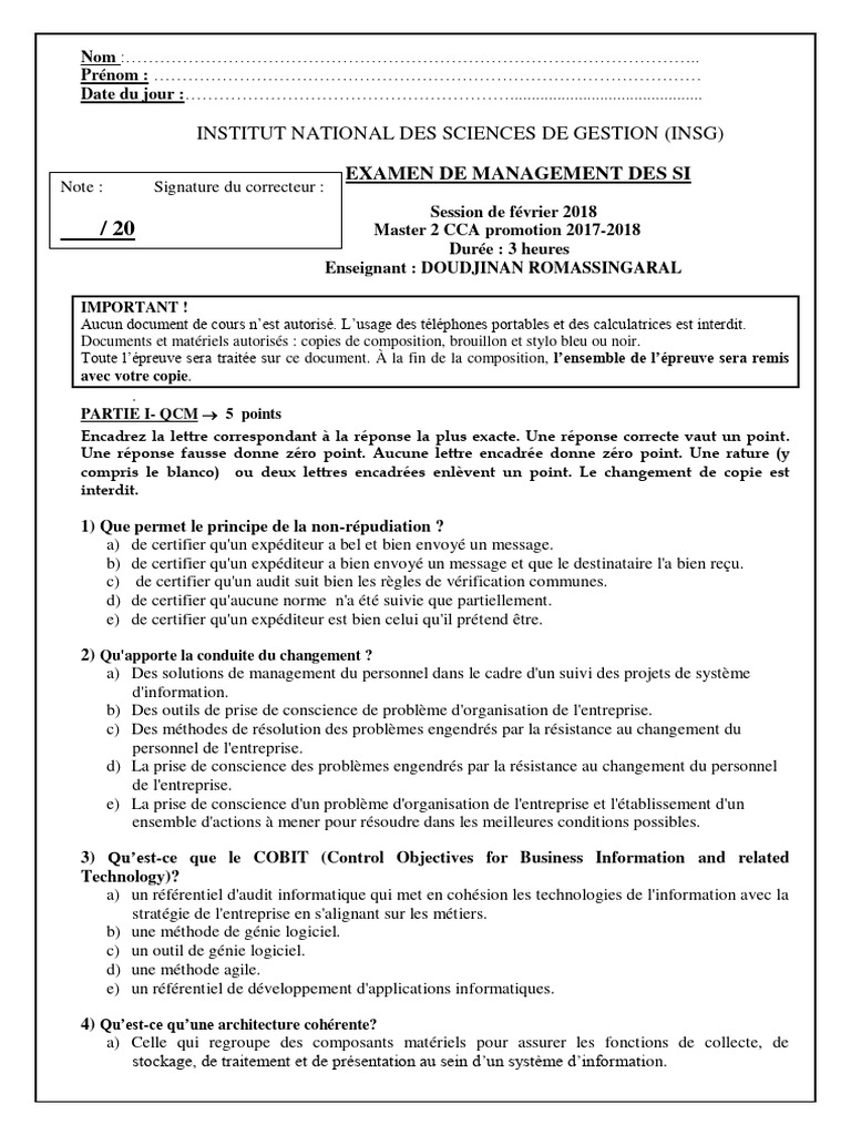 Examen Management des SI - Février 2018 | PDF | Informatique | Système ...
