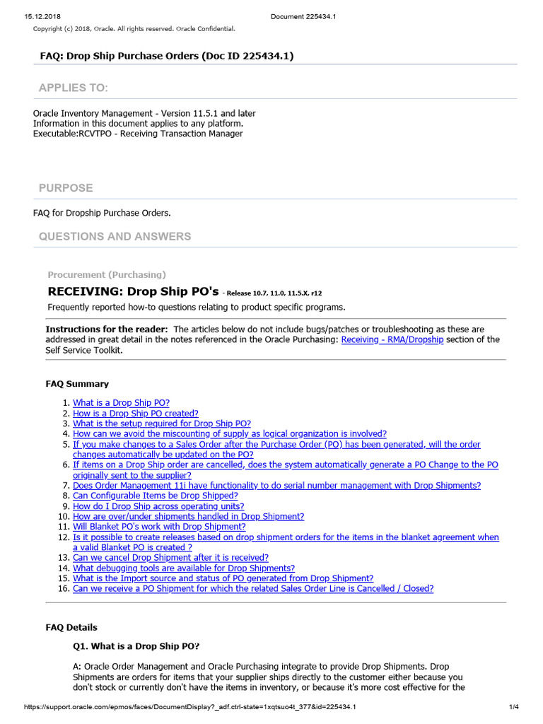 FAQ Drop Ship Purchase Orders (Doc ID 225434.1) | PDF | Debugging | Receipt