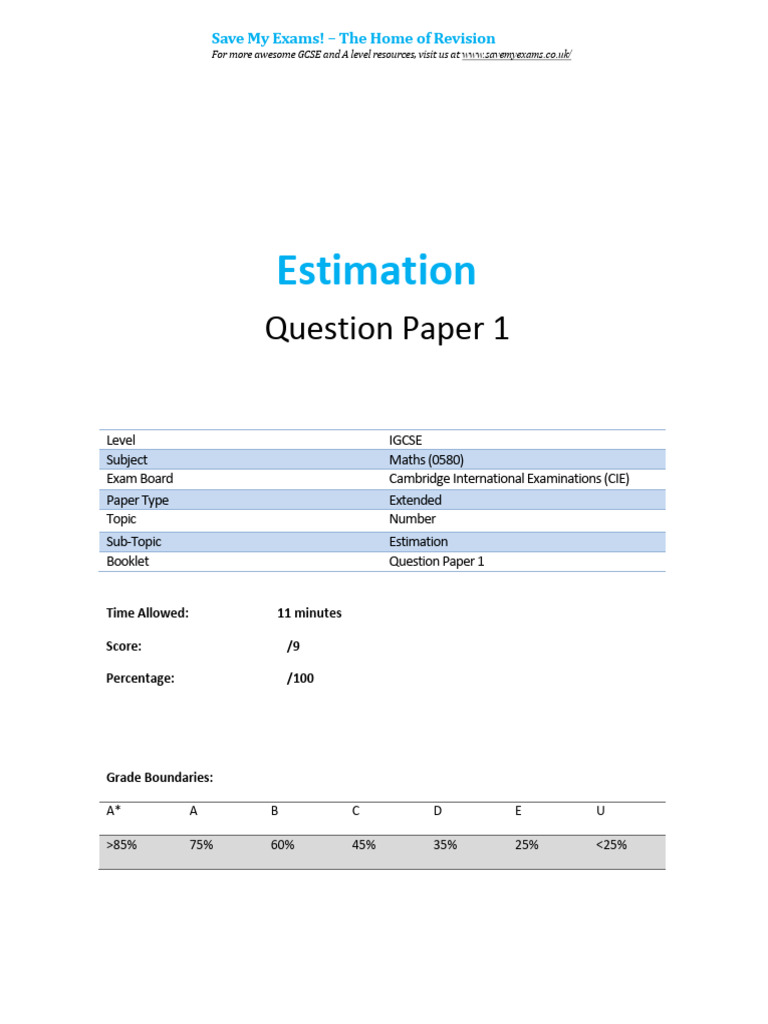 IGCSE Maths Estimation Practice Paper | PDF | Educational Assessment ...