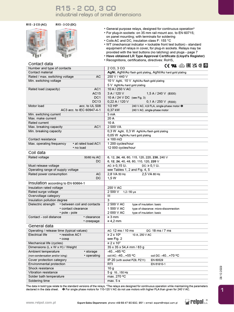 Industrial Relays of Small Dimensions: Contact Data | PDF | Relay ...