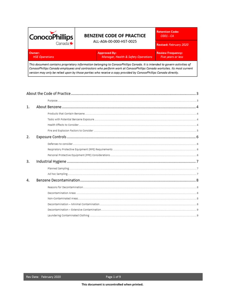 Benzene Code of Practice | PDF | Personal Protective Equipment | Benzene
