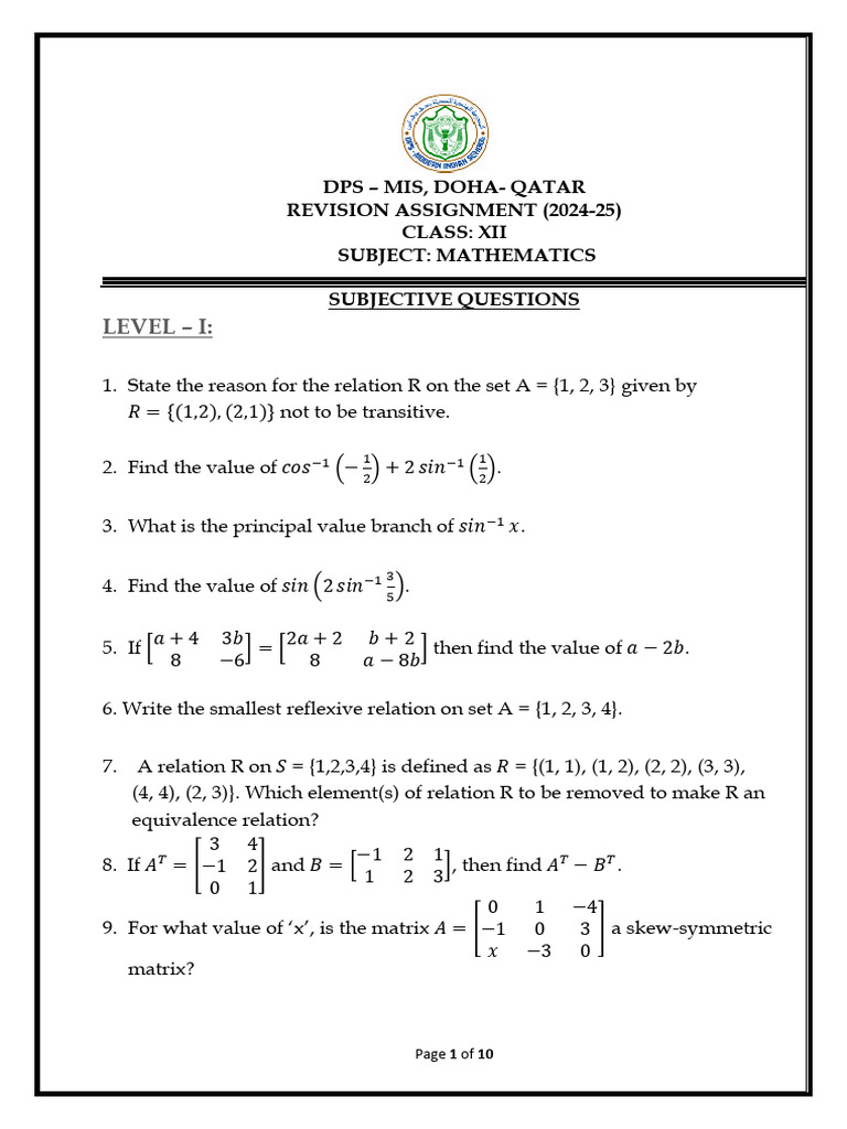 Revision Assignment Class Xii Weekly Test1 | PDF | Matrix (Mathematics ...