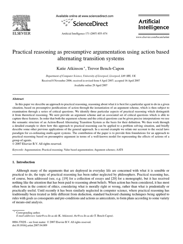 Practical Reasoning As Presumptive Argumentation Using Action Based | PDF | Rationality | Reason