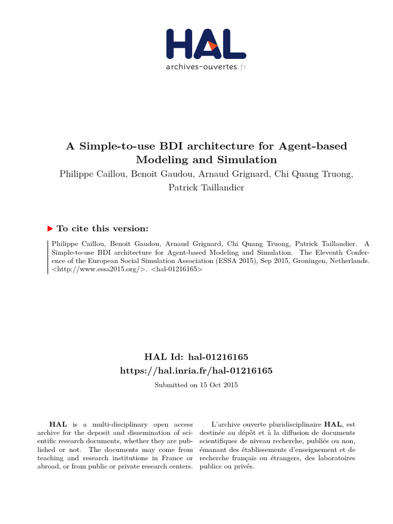 A Simple To Use Bdi Architecture For Agent Based Modeling And Simulation Pdf Intention