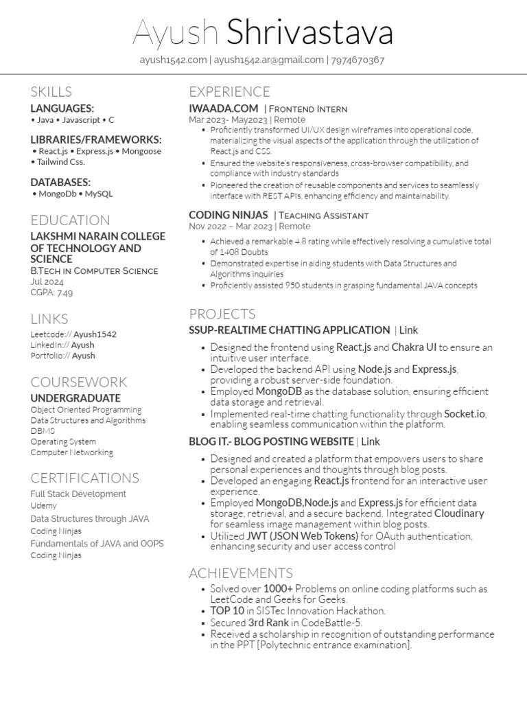 Ayush CV | PDF | Databases | Java (Programming Language)