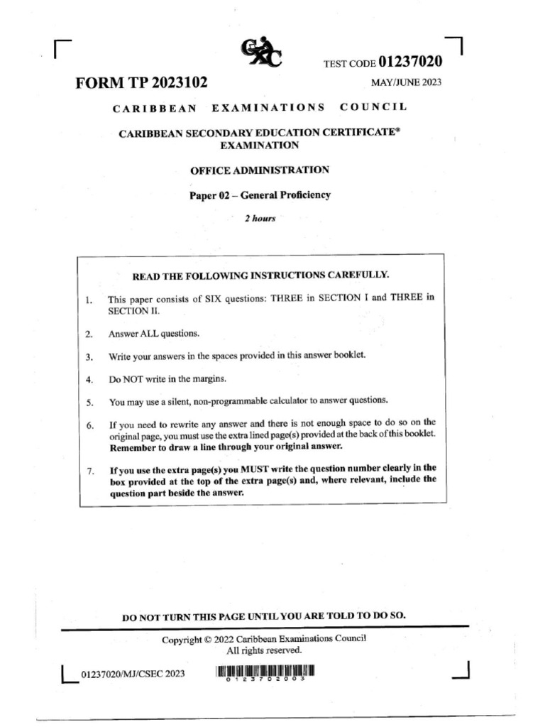 Office Administration Paper 2 2023 | PDF